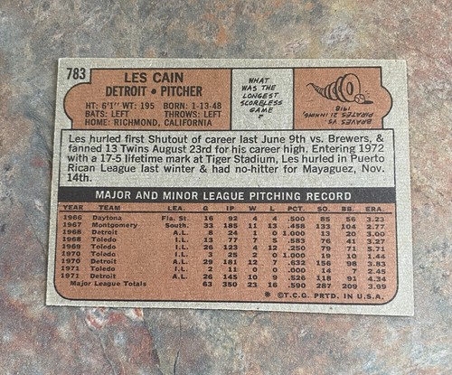 1972 Topps #783 Les Cain EX/MT Detroit Tigers Free Shipping | eBay