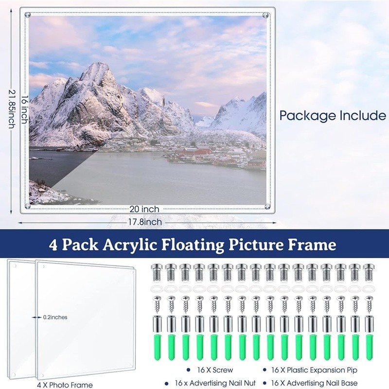 Clear Acrylic Floating Picture Frames 4 Pack Wall Mount Display 16x20 ...