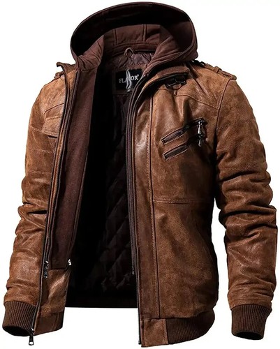 Men's Biker Removable Hoodie Motorcycle Brown Genuine Sheepskin Leather ...