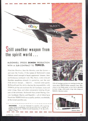 MCDONALD AIRCRAFT JET DEMON FOR US NAVY WITH TEMCO BUILDS WINGS 1955 AD ...