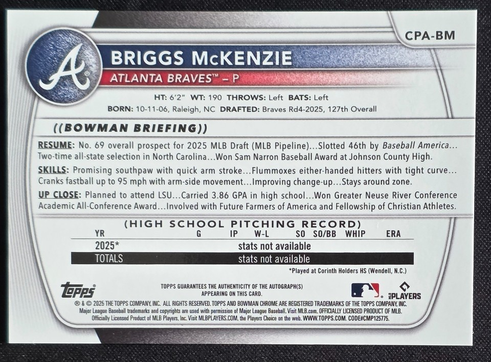 Briggs McKenzie 2025 Bowman Draft 1st Auto - Atlanta Braves Prospect | eBay