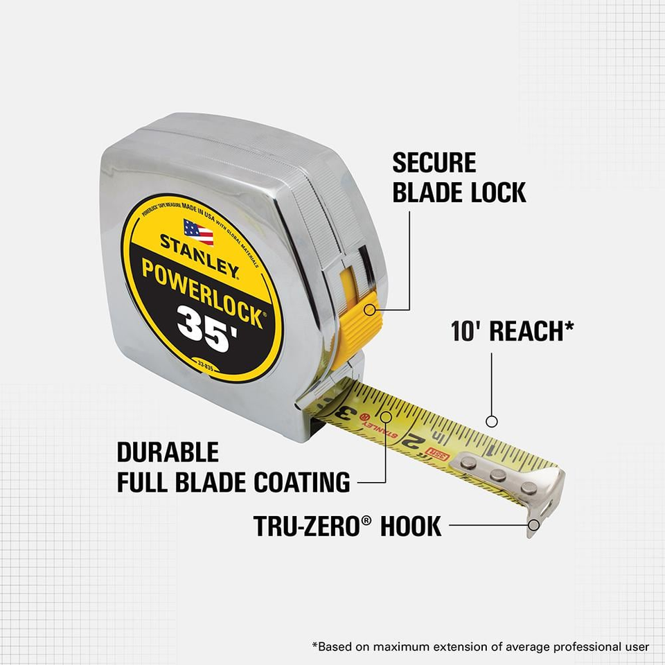 Stanley PowerLock Tape Measure 35 ft. Secure Blade Lock Metal Measuring ...