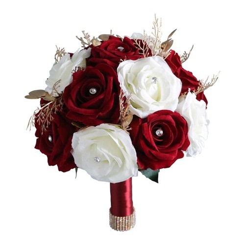 Wedding Flower Bouquet Artificial White and Wine Red Rose Flowers Props ...