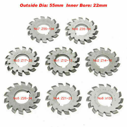 8Pcs/Set HSS M1.5 Bore 22mm 20°Degree #1-8 Bevel Involute Gear Cutter ...