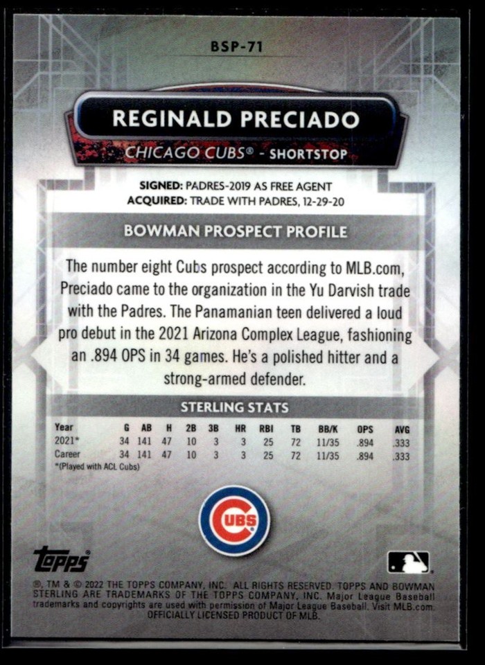 2022 Bowman Sterling Reginald Preciado Chicago Cubs #BSP-71 | eBay