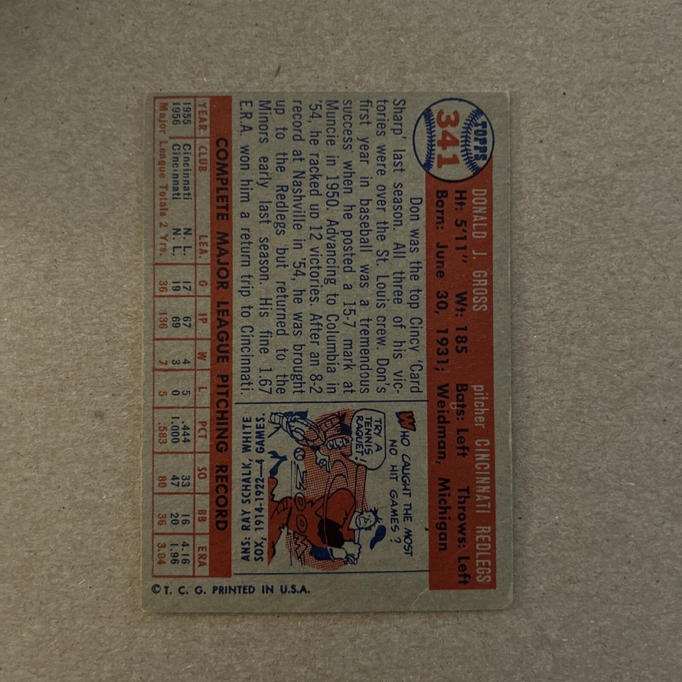 1957 Topps Baseball Don Gross Cincinnati Redlegs Card #341 | eBay