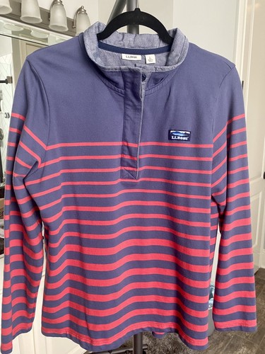 LL Bean Rugby Henley Womens Large, Half Button Up LS Red/Blue Stripe | eBay