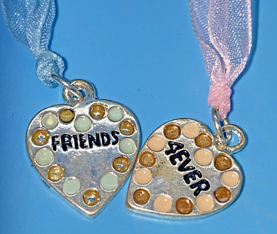 2 Heart Children's Charms "Friends" "4Ever" Blue & Pink Ribbon ...