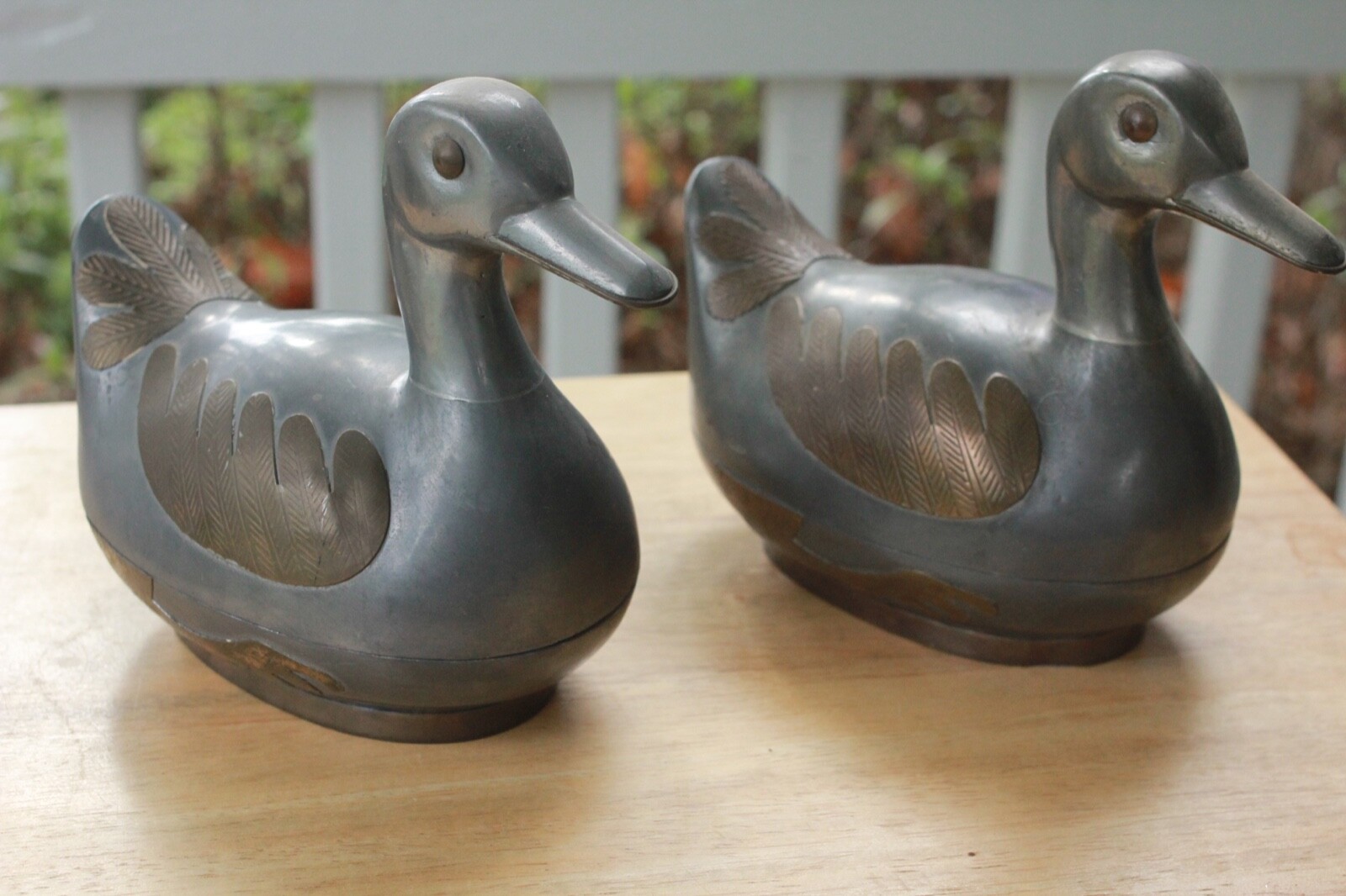 2x Vintage Pewter and copper Duck Figurine Bowl Trinket Dish HONG KONG ...