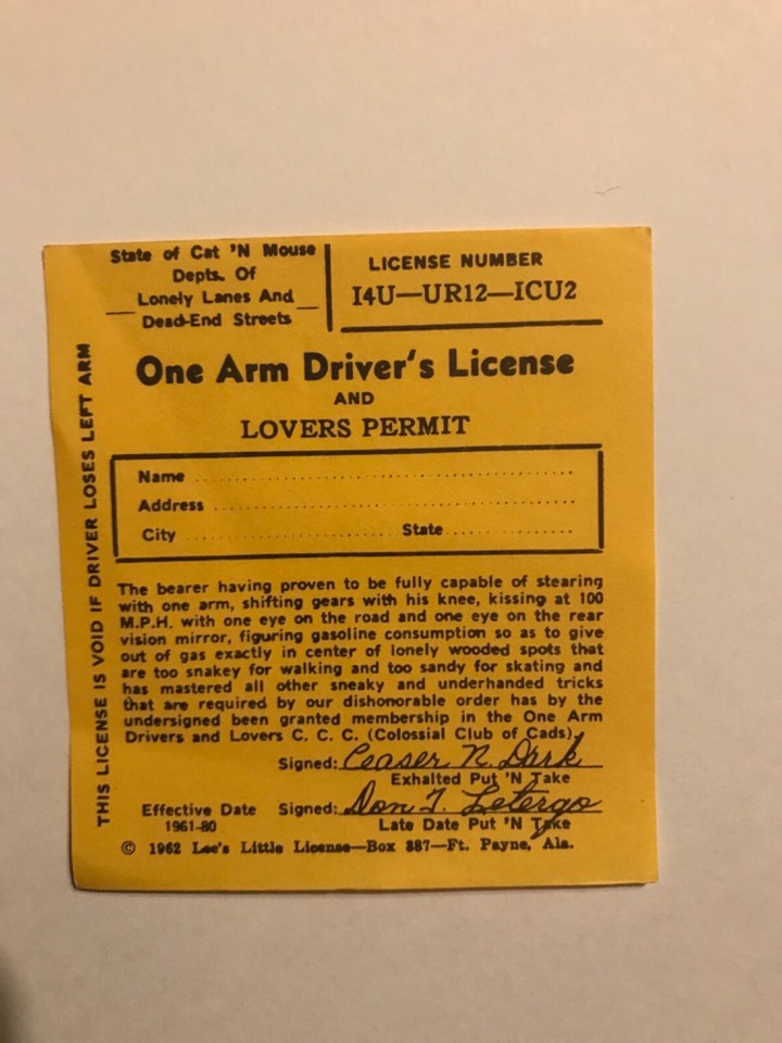 LOVERS PERMIT Joke Novelty License : 1962 Lee’s Little Company; paper ...