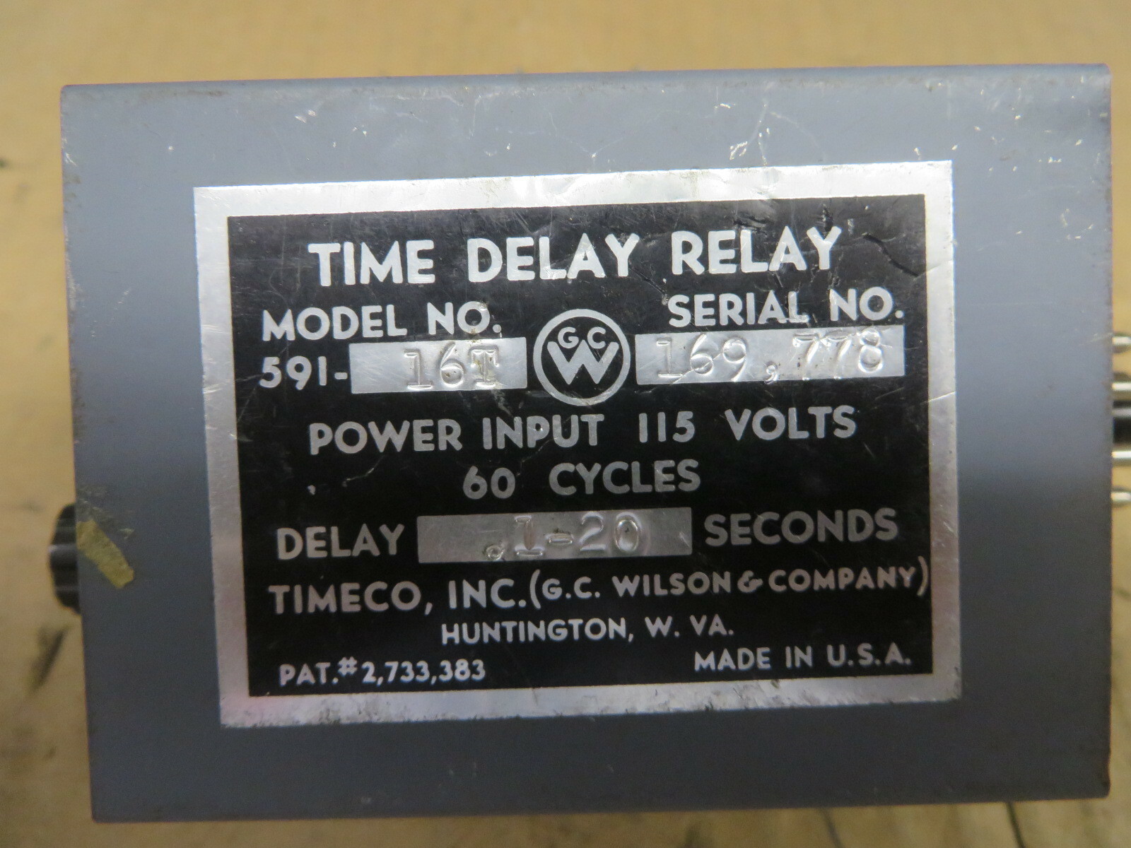 TIME DELAY RELAY TIMECO WILSON GOULD w/ SOCKET BASE # 591-16T socket ...