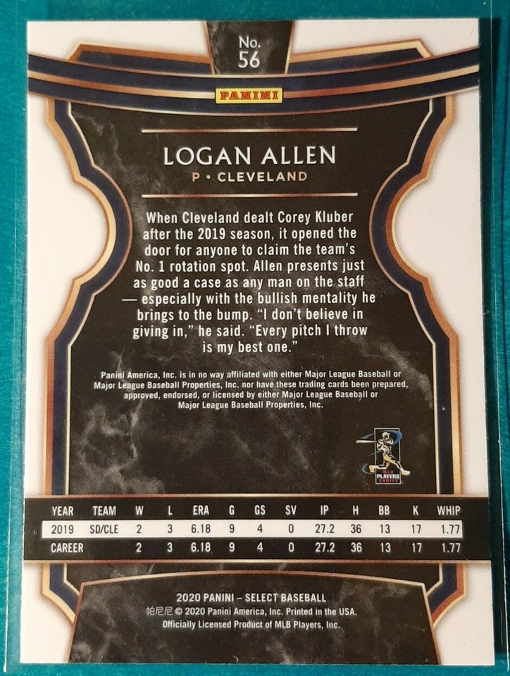 2020 PANINI SELECT LOGAN ALLEN ROOKIE #56 CLEVELAND INDIANS RC | eBay