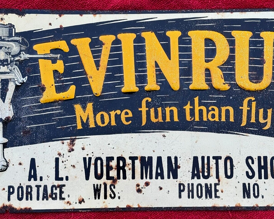 Vintage metal Evinrude Boat Motor outboard Sign oil/gas 20x9 Portage WI ...