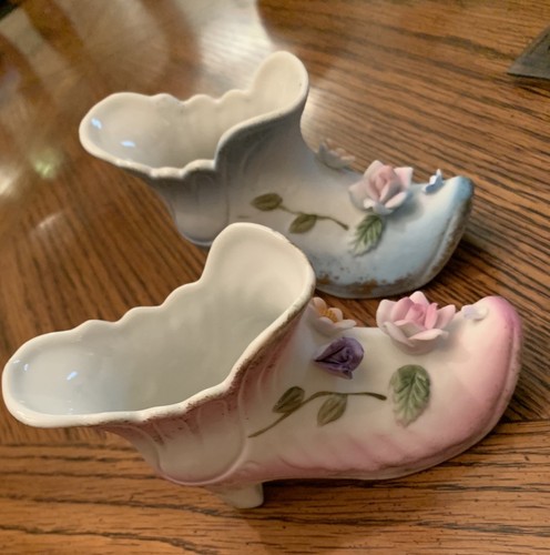 Vtg Bisque Porcelain Shoe Slipper Figurine Victorian Minature Blue ...