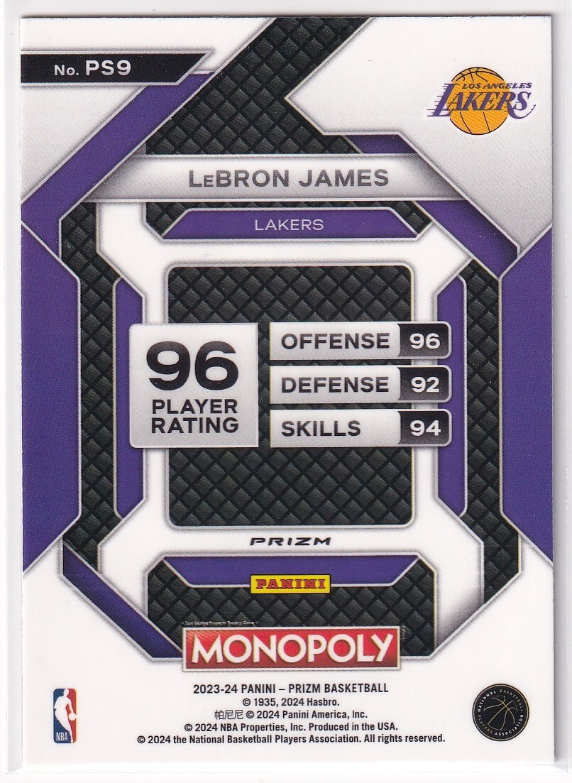 LEBRON JAMES 2023/24 PANINI PRIZM MONOPOLY ALL STARS SILVER PRIZM ...