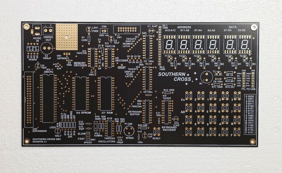 Southern Cross Z80 SBC Computer Rev 3.3 PCB Black/Gold ENIG EPROM ...