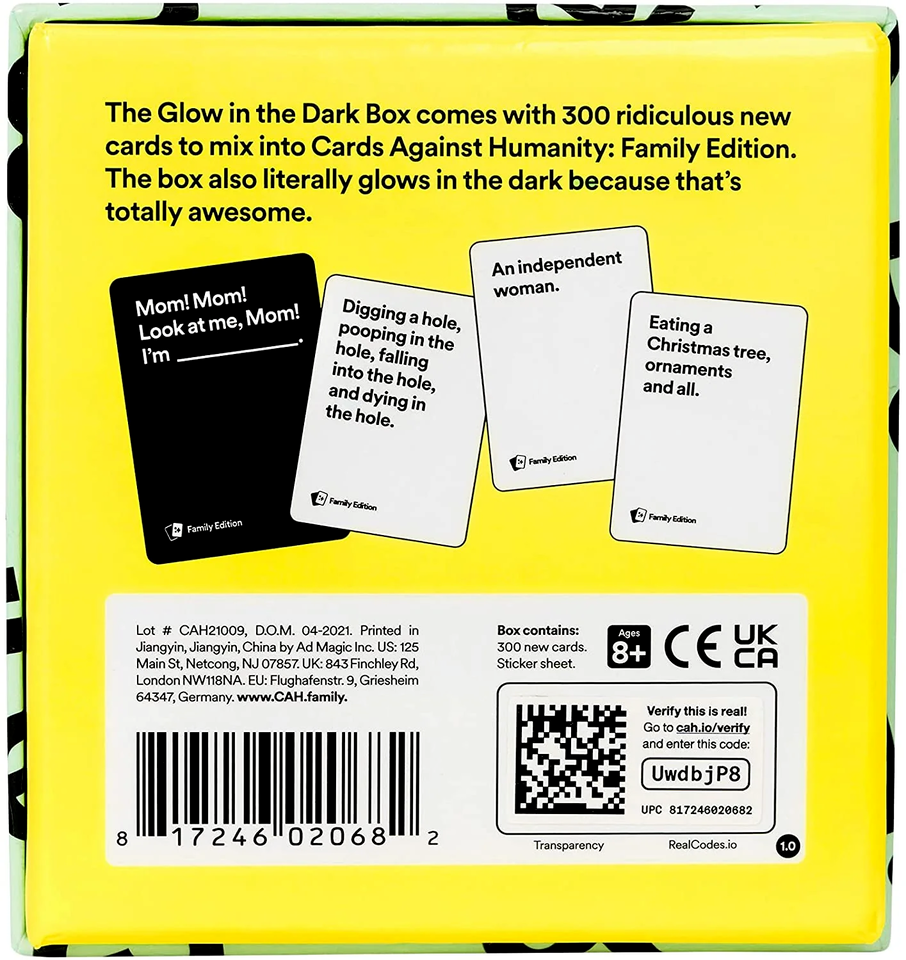 Cards Against Humanity Game Family Edition Glow in the Dark Box Brand ...