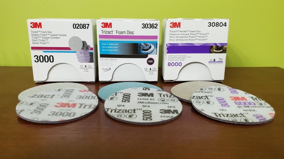 3M Trizact 3" Hookit Foam Discs 3000•5000•8000 grit(6 Disc Set) Same ...