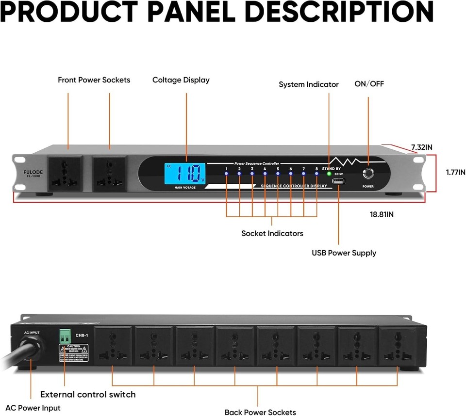 FULODE 2000W Rack Mount Power Conditioner DELAY Strip Supply USB ...