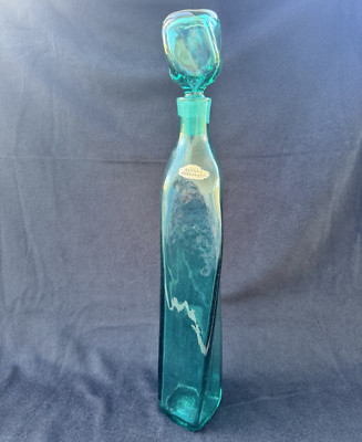 MCM Blenko Wayne Husted Hand Blown Blue Twist Glass Decanter #5825 w ...