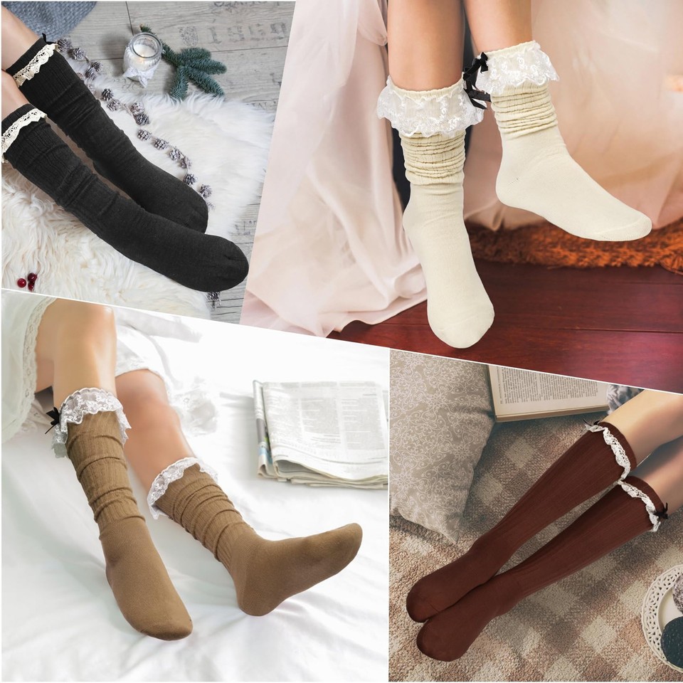 Slouch Socks for Women Long Knee High Socks Women Frilly Lace Ruffle ...