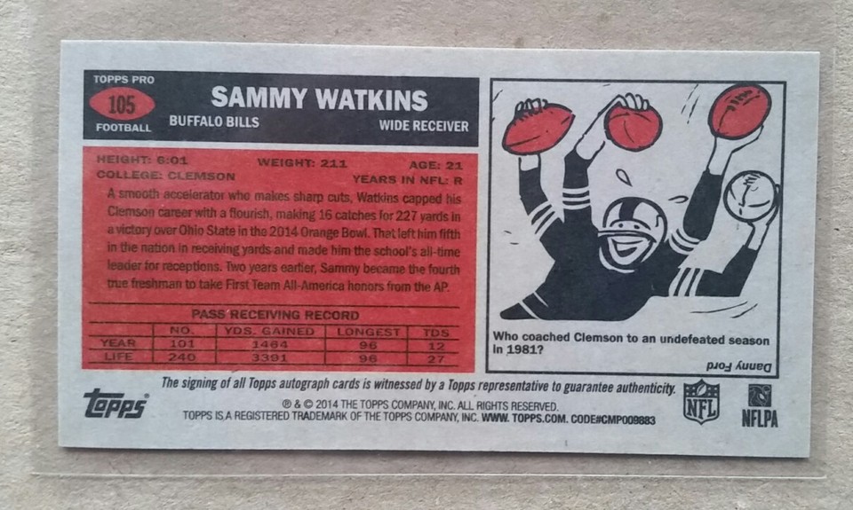 SAMMY WATKINS 2014 Topps Tallboy RC AUTOGRAPH /150 Bills & Baltimore ...