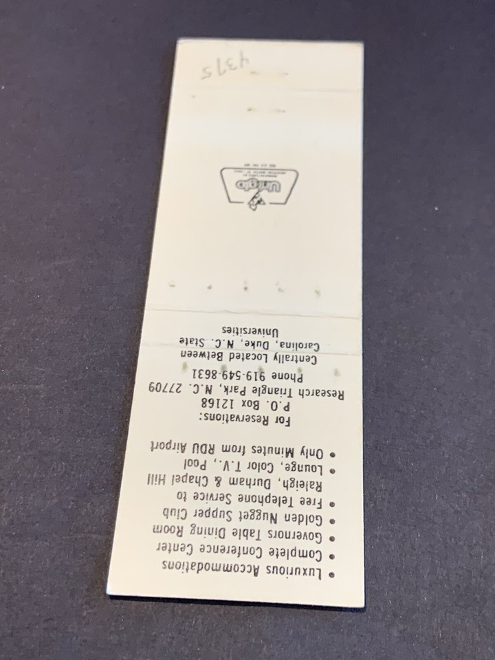 Vintage North Carolina Matchbook: “Governors Inn On The Park ...