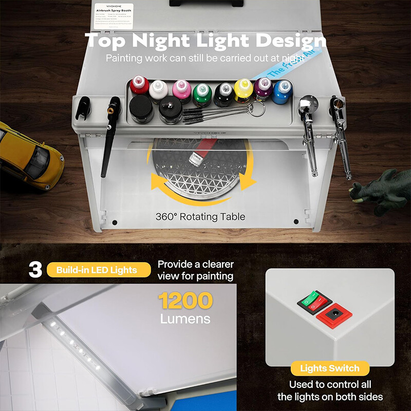 Airbrush Paint Spray Booth w/ LED Lights Turn Table, Filter Hose, Spray ...
