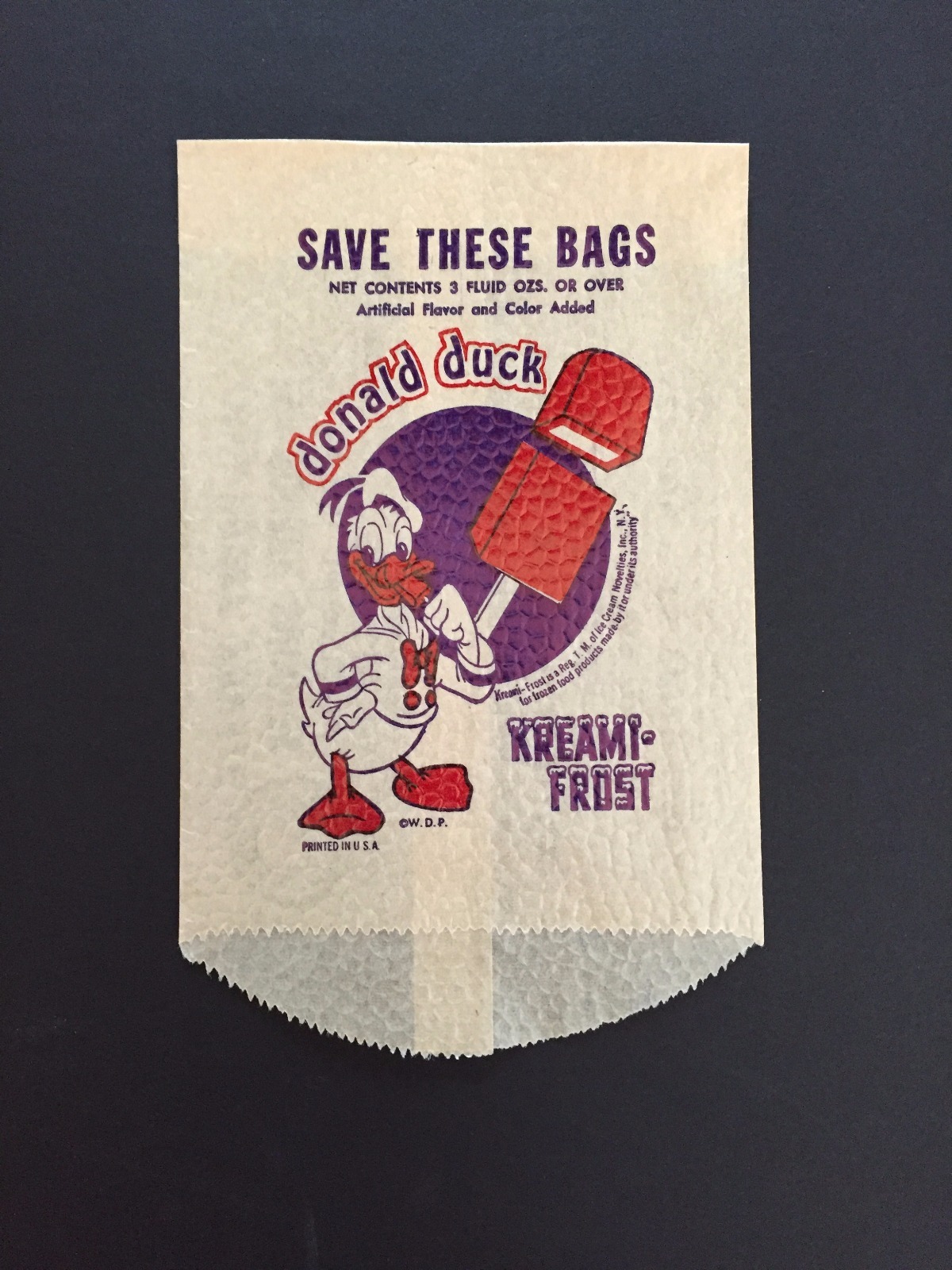 1940's Walt Disney, "Un-Used" Donald Duck, "Kreami-Frost" Ice Cream Bar ...