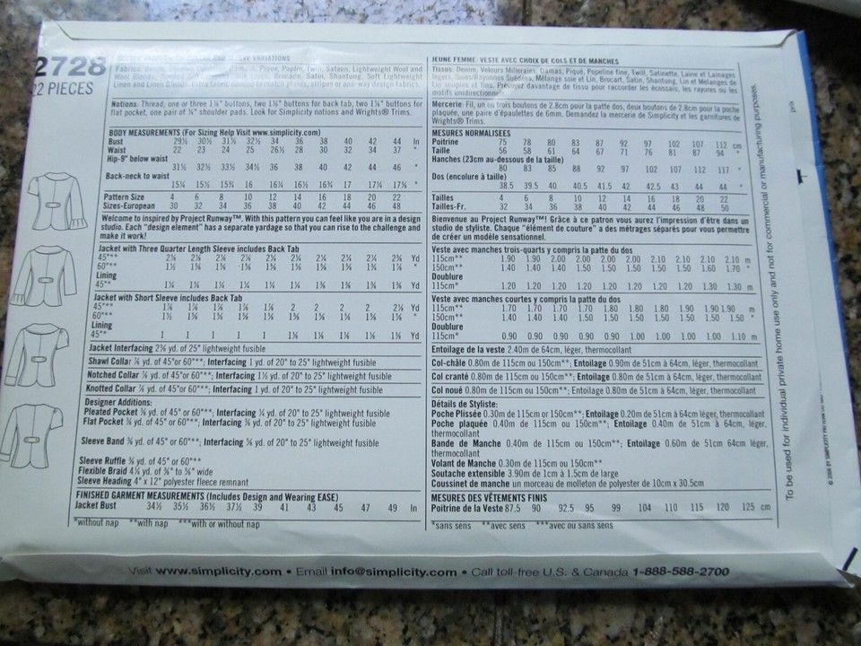 *Simplicity 2728 Project Runway Jacket Miss Size 4-12 UNCUT FACTORY ...