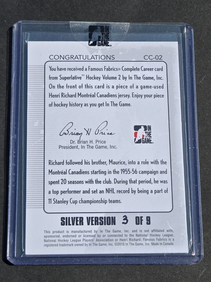 2009 ITG Superlative Complete Career CC-02 Henri Richard GU Jersey /9 ...