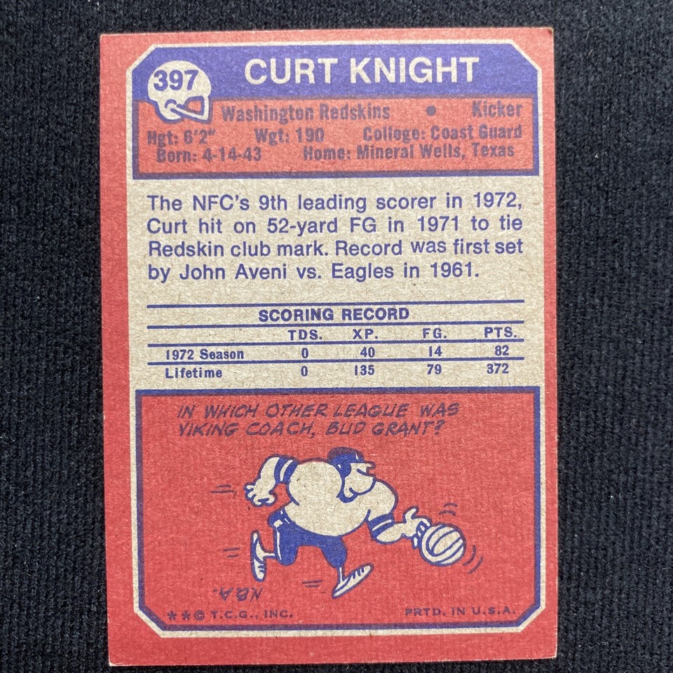 VTG‼ 1973 Topps CURT KNIGHT #397 Washington Redskins • EUC‼ • SHIPS 1st ...