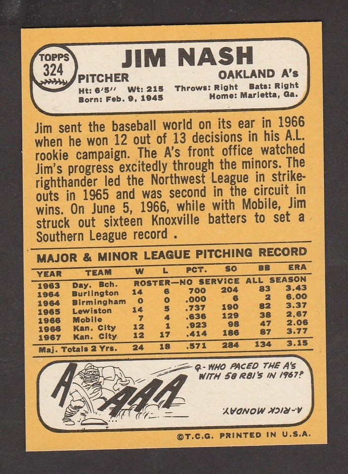 1968 TOPPS BASEBALL # 324 JIM NASH NRMT INV A1818 | eBay