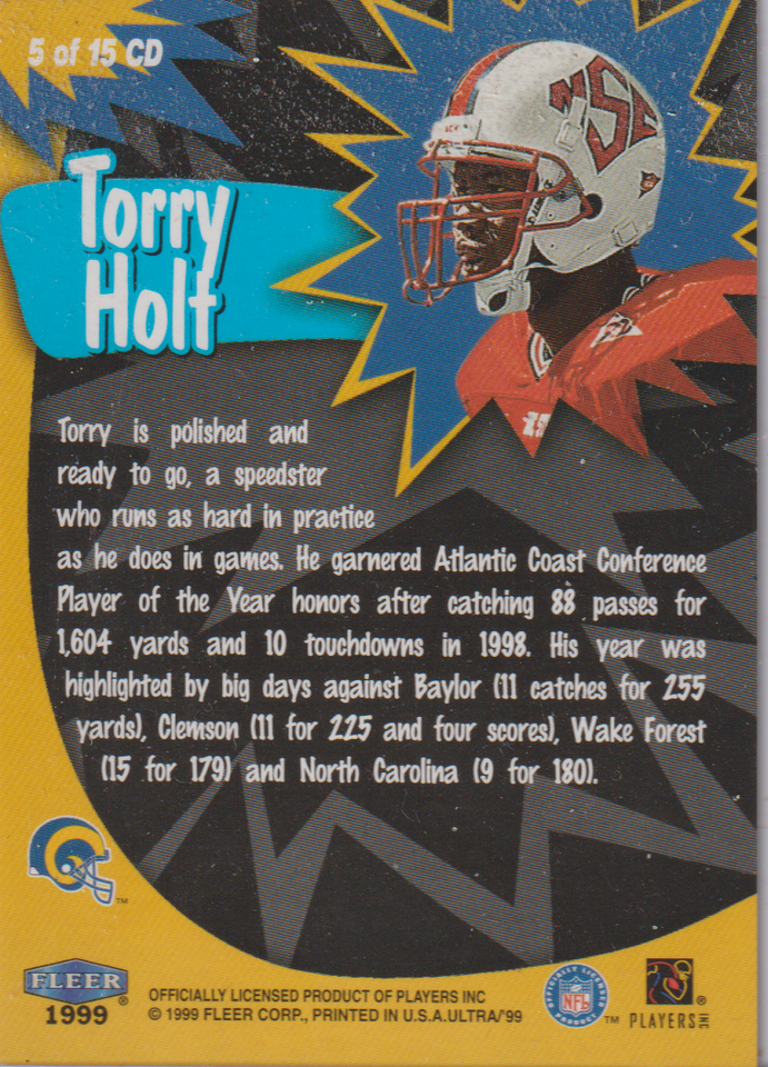 TORRY HOLT; 1999 FLEER ULTRA FOOTBALL CAUGHT IN THE DRAFT INSERT CARD ...