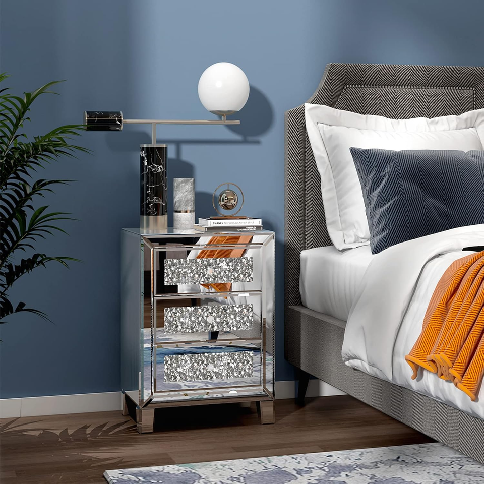 2pcs Glass Mirror Night Stand Modern Bedside Table 3 Drawer Glass Side ...