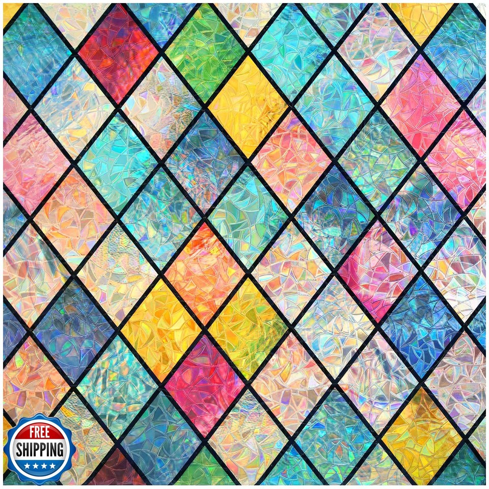 Haton Stained Glass Window Film Rainbow Privacy Sun Blocking Cling 17.5 ...