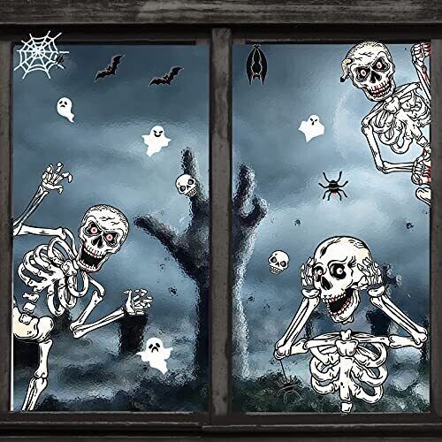 NEW Halloween Skeleton Scene Large Window Clings Bats Spiders Spooky ...