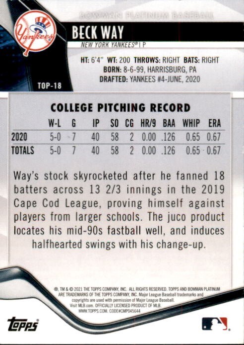 Beck Way 2021 Bowman Platinum Top Prospects Pink #TOP-18 /199 Yankees ...