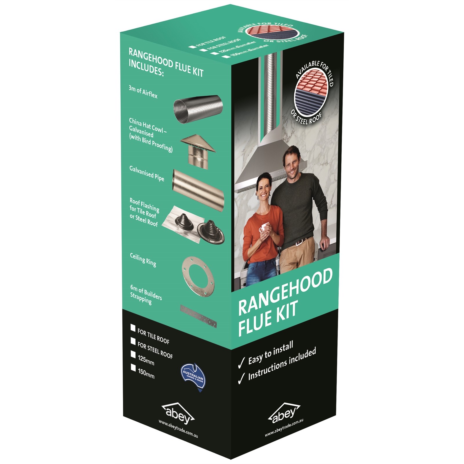 Abey HORIZONTAL RANGEHOOD FLUE KIT 125mm Airflex, Ceiling Ring & Wall ...