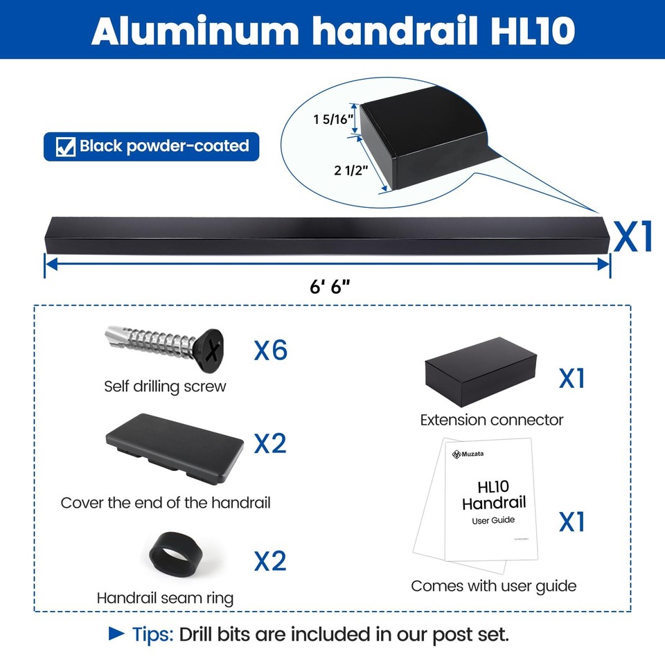 Muzata 6'6" Aluminum Handrail Flat Handrail Black Cable Railing Top ...