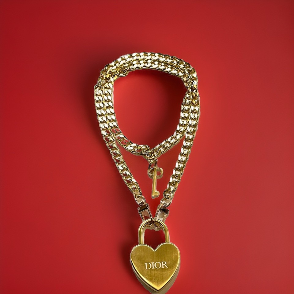 NEW Dior Novelty Gold Heart Padlock Lock Key w/Box +Unbranded Chain ...