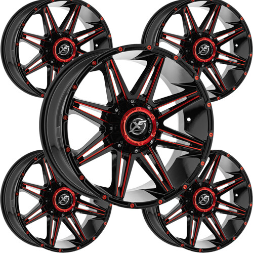 (Set-5) XF Off-Road XF-220 20x9 6x135/6x5.5" +0mm Black/Red Wheels Rims ...