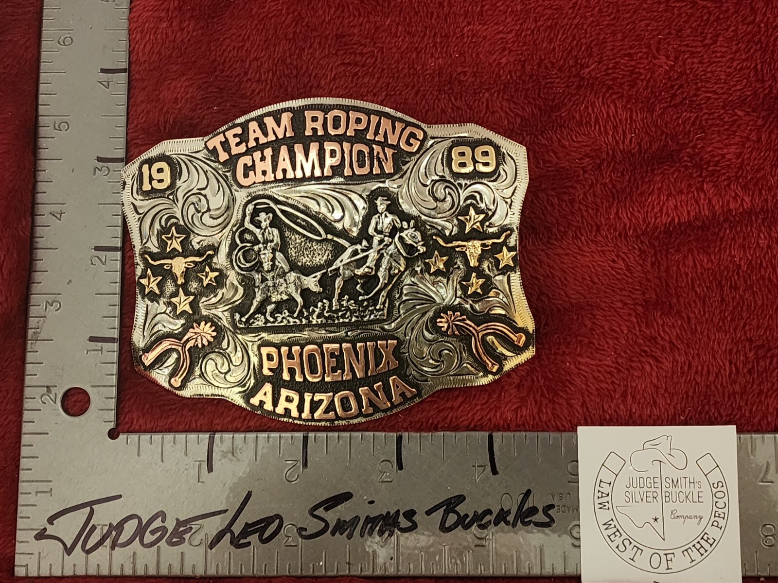 RODEO TROPHY BELT BUCKLE CHAMPION TEAM ROPING PRO☆1989☆PHOENIX ARIZONA ...