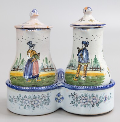 Antique 19th C. French Faience Quimper Oil & Vinegar Pitchers Cruet Set ...