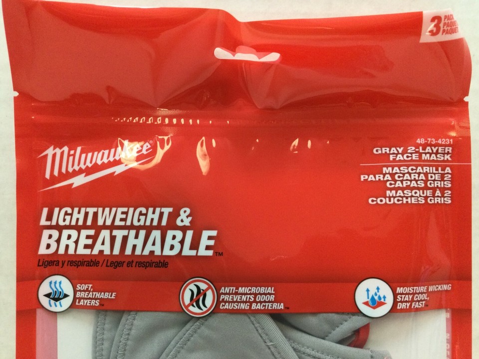 Milwaukee Face Mask Lightweight Breathable ~ Gray 3pk ~ 48-73-4231 ...