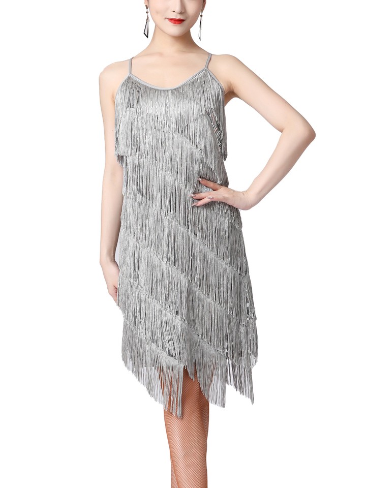 Women Sequins Fringe Tassel Flapper Dress Samba Chacha Tango Latin ...