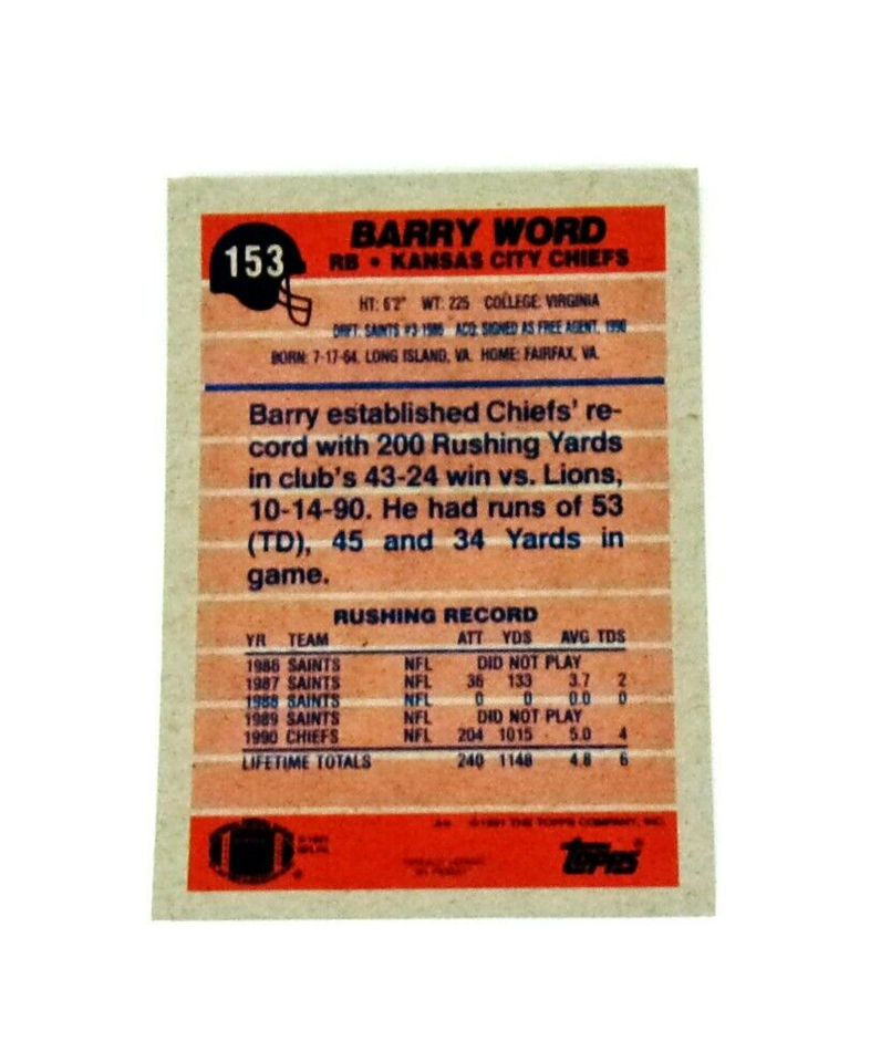 1991 Topps Card #153 Barry Word RB Kansas City Chiefs | eBay