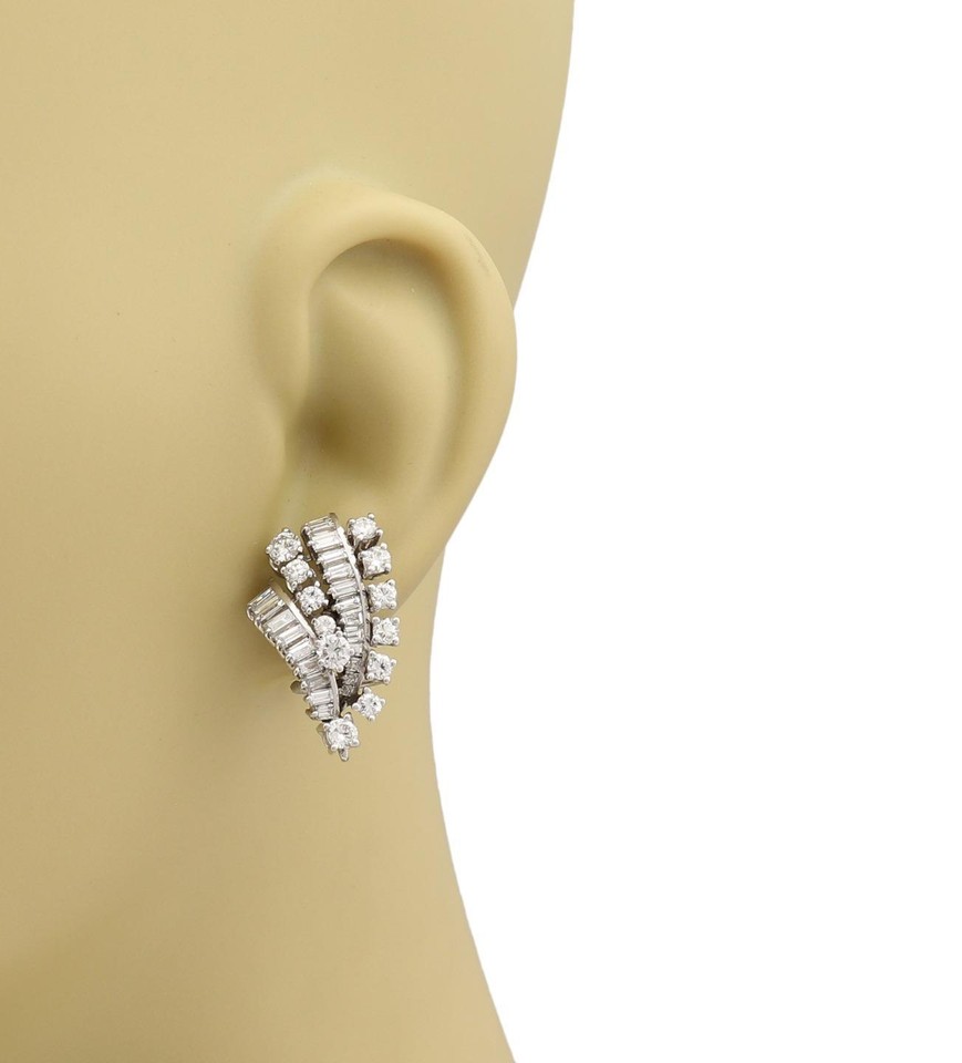 Vintage 5ct Diamond Platinum 4 Rows Fancy Post Clip Earrings ...