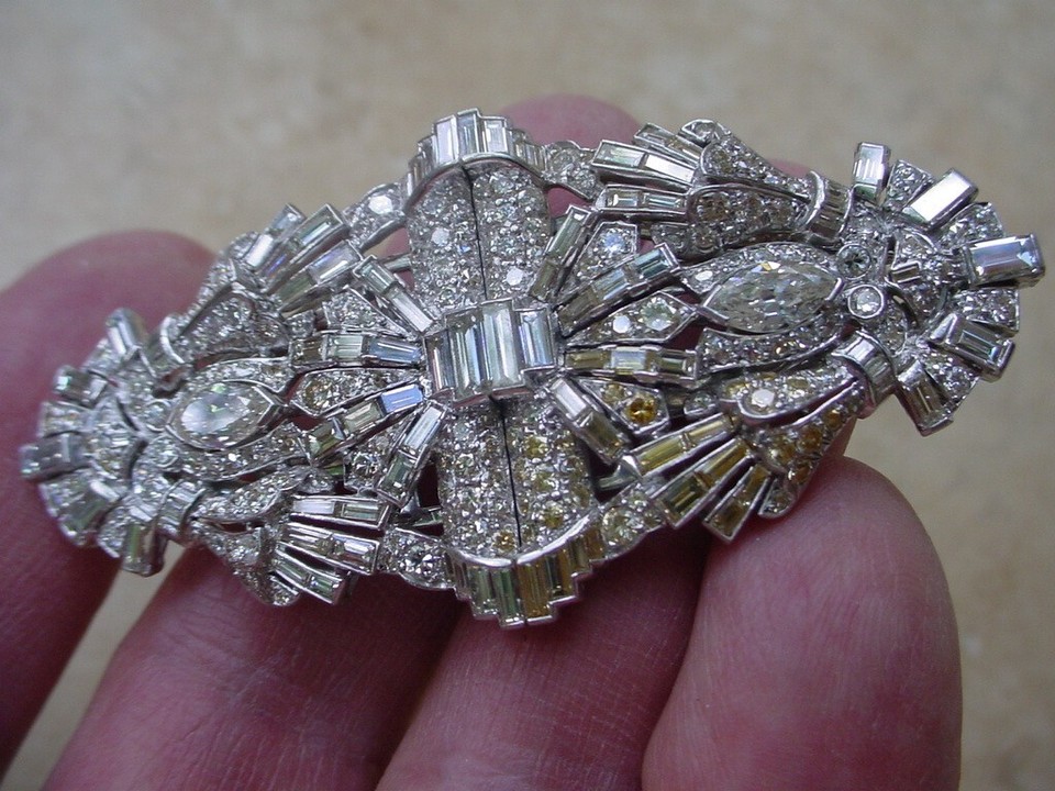 Smashing Art Deco Platinum Brooch/ Jacket Clips, Close to 5 Carats In ...