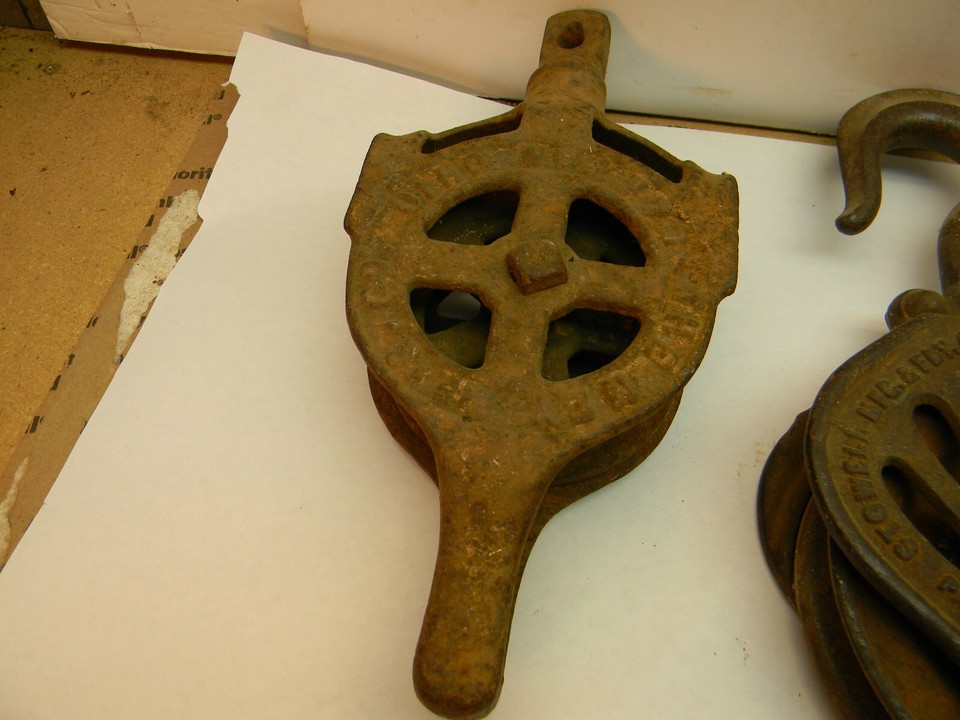 53-19-A Vintage Old West Yard Art 3 ornate pulleys, hook, cow kickers ...